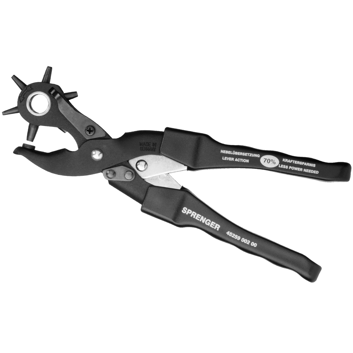 Powerful revolving leather punch - 70% less power needed